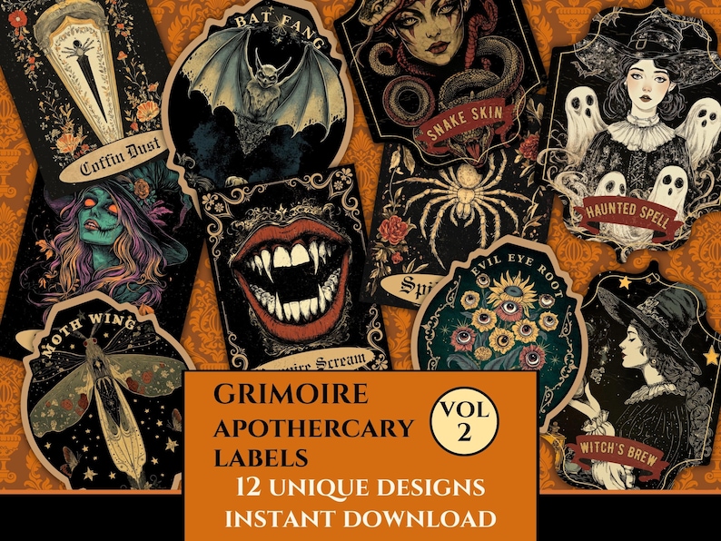Grimoire Apothecary Labels Vintage Witchy Potion Labels Halloween Book ...