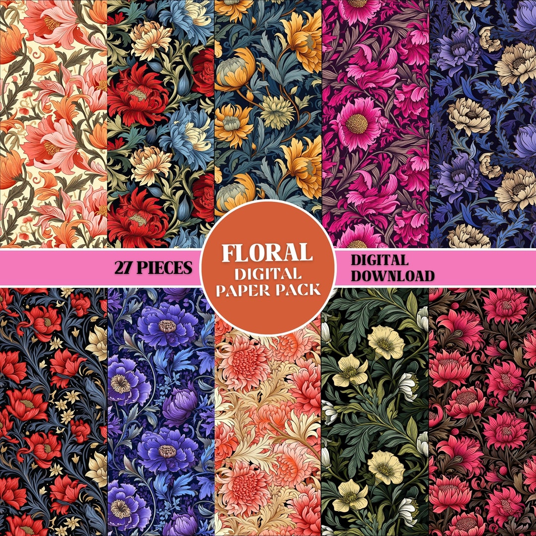 DIGITAL FLORAL Paper Pack 27 Sheets Scrapbook Pages Floral Decoupage ...