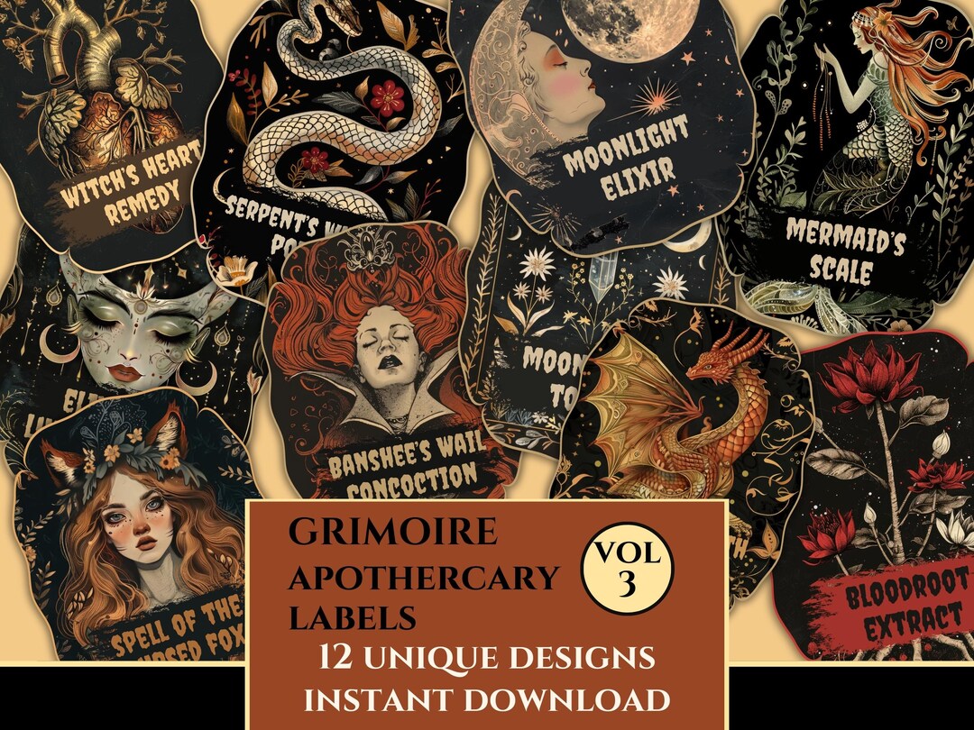 Grimoire Apothecary Labels, Vintage Witchy Potion Labels, Halloween ...