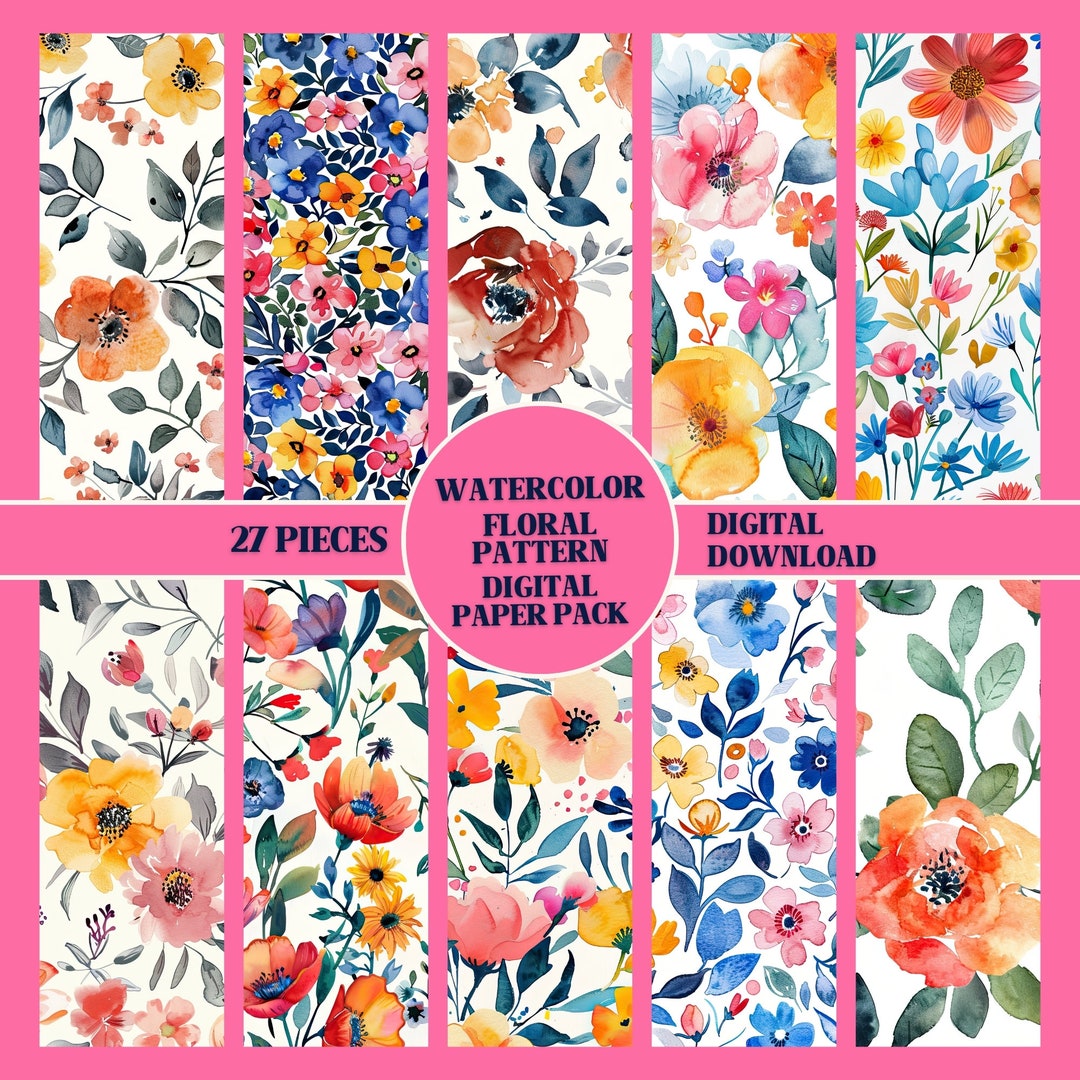 WATERCOLOR Floral Pattern Paper Pack 27 Sheets DIGITAL Scrapbook Pages ...