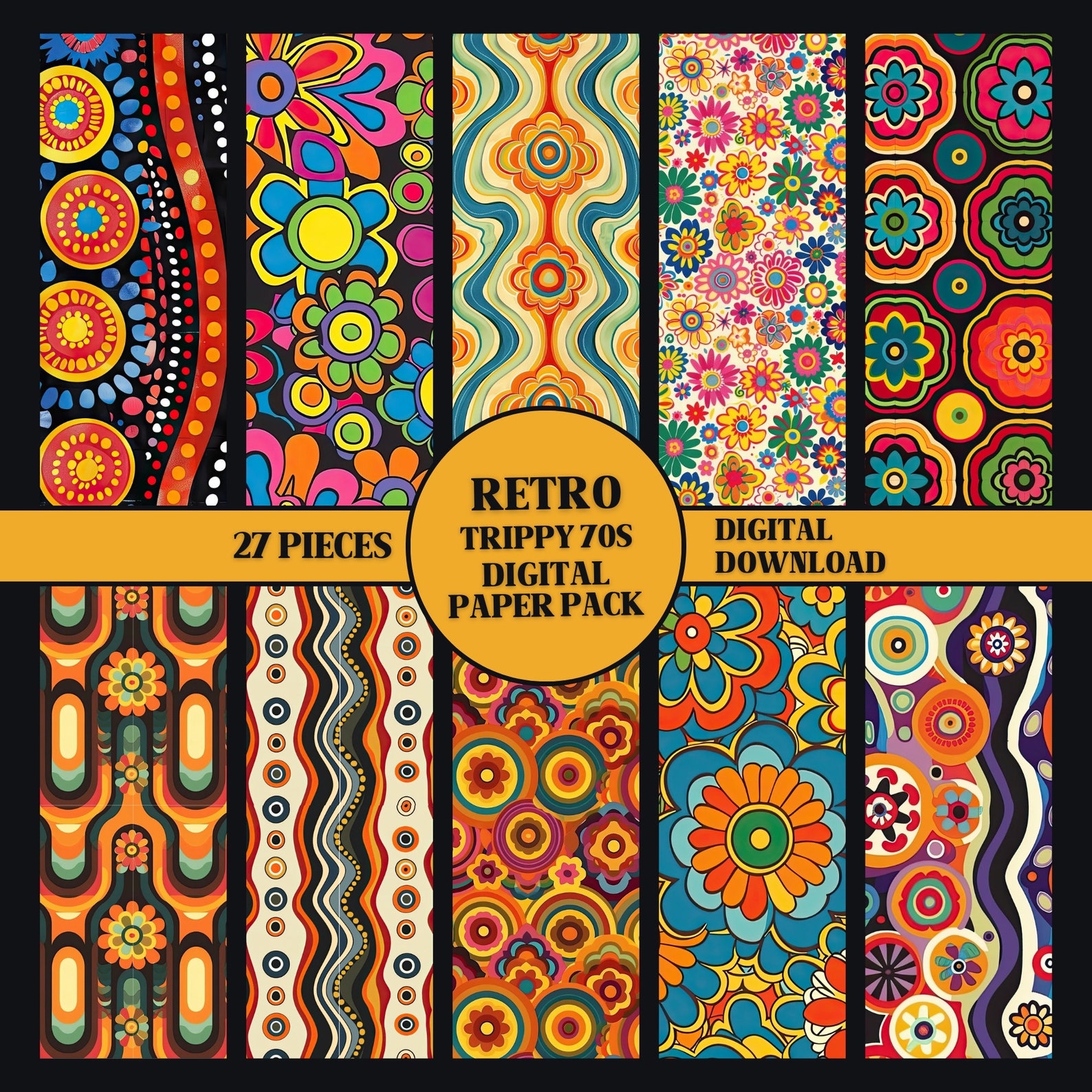 RETRO 70s Trippy Paper Pack 27 Sheets DIGITAL Scrapbook Pages Retro ...