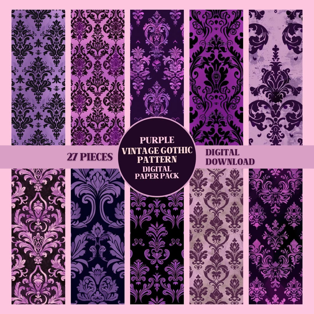 Vintage Purple Gothic Pattern Paper Pack 27 Sheets DIGITAL Scrapbook ...