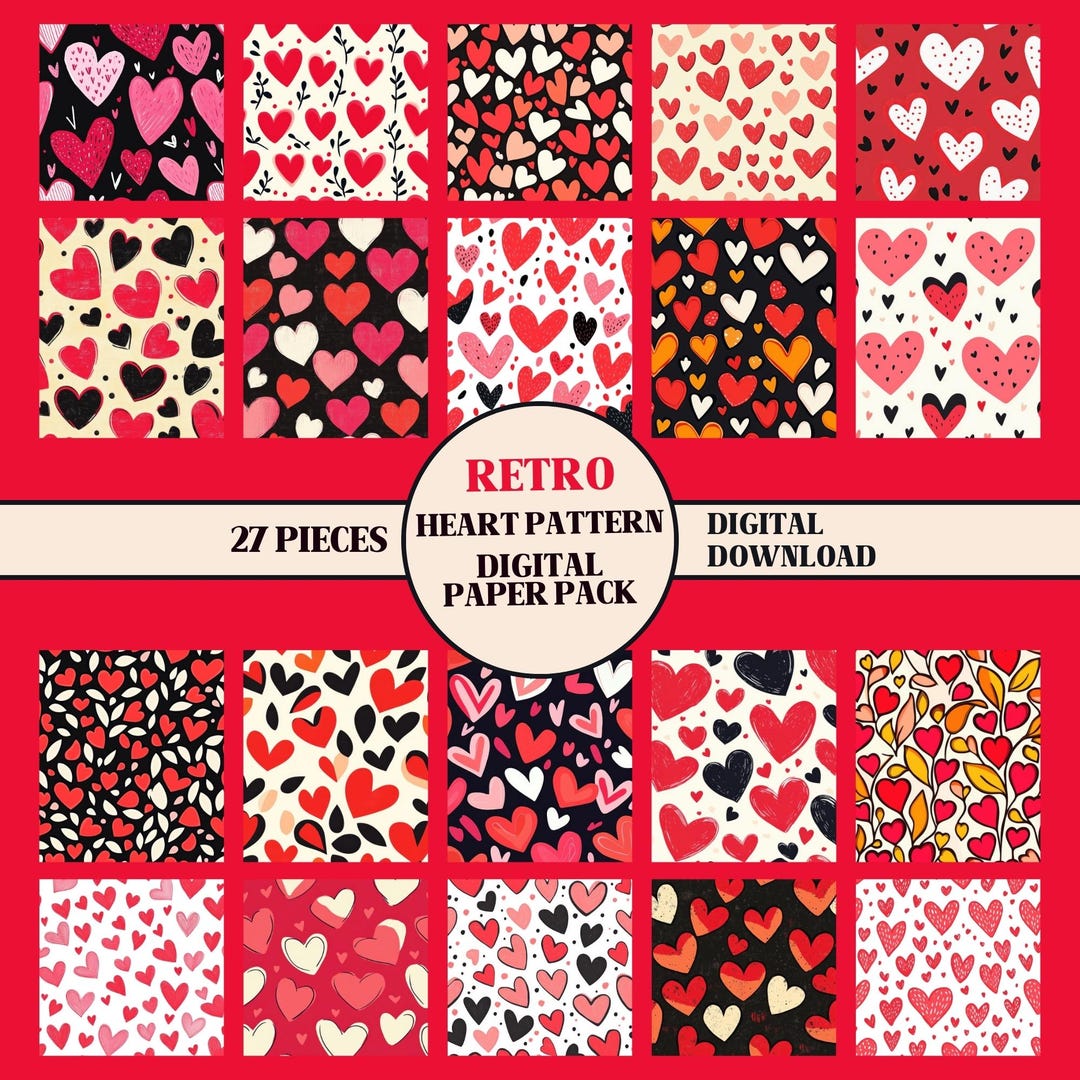 RETRO Heart Pattern Paper Pack PRINTABLE, Valentine's Day Papers, Heart ...
