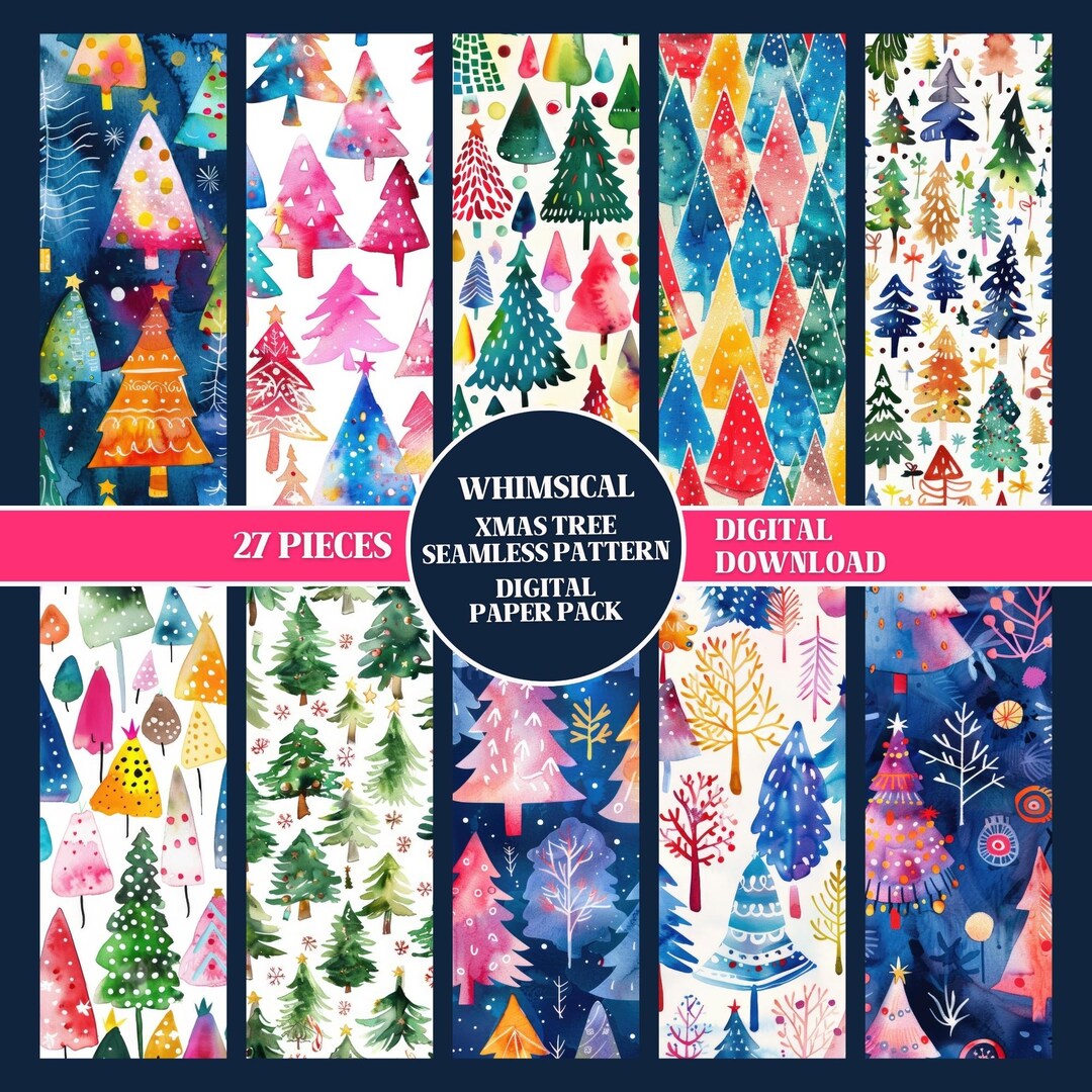 Whimsical Watercolor Christmas Tree Pattern Paper Pack 27 Sheets ...