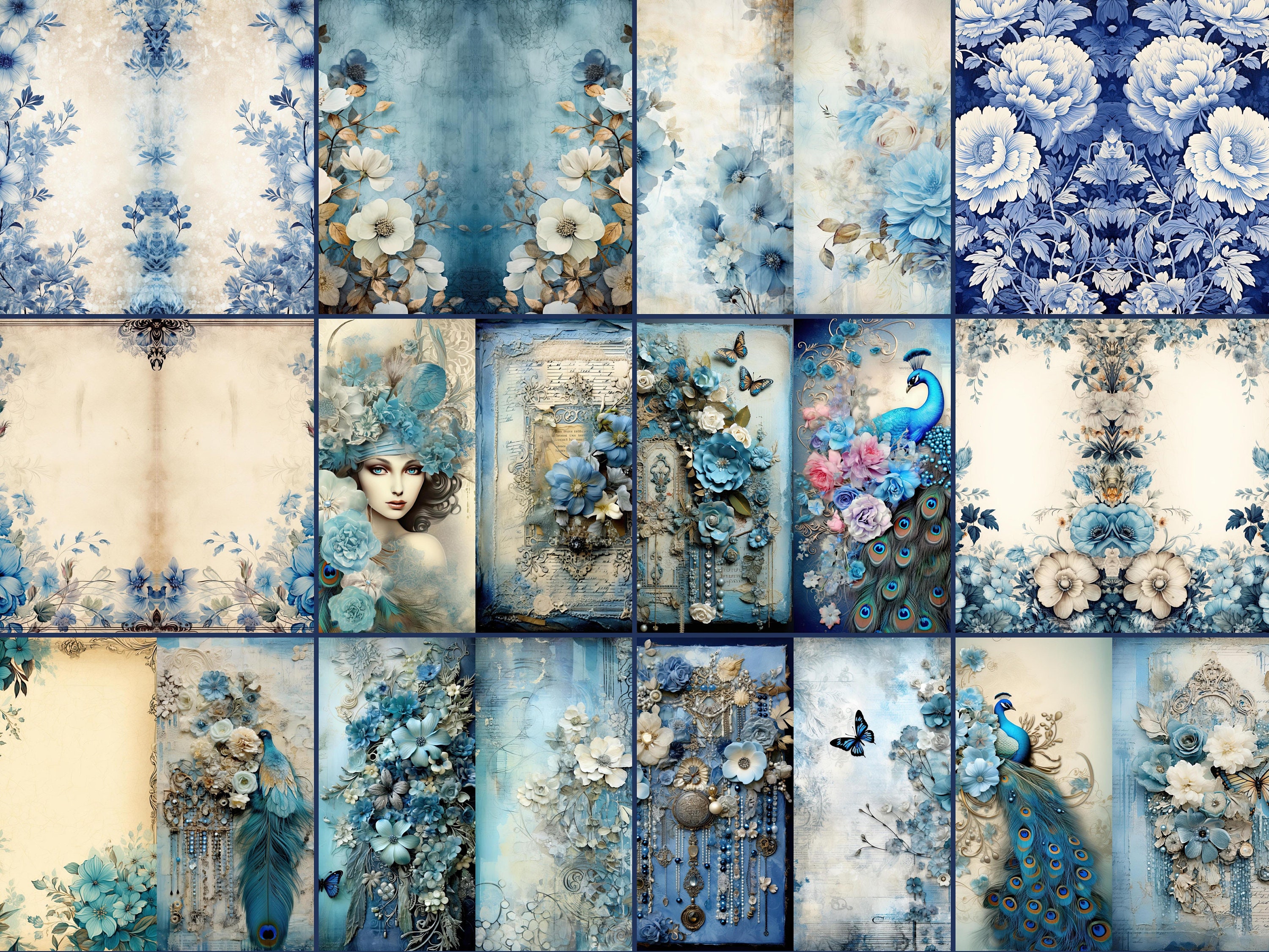 Antique BLUE Junk Journal Pages Vintage Collage Sheets Blue Decoupage ...