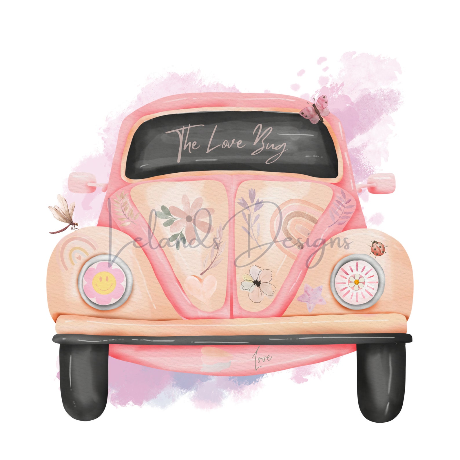 The Love Bug Digital Art Download Pink Bug PNG Hippie Clipart Pastel ...