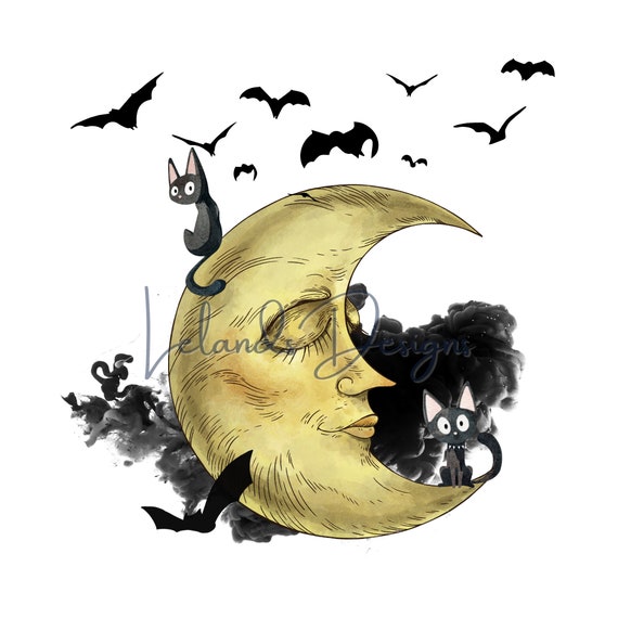 Crescent Meow Digital Image Download Black Cats on the Moon - Etsy
