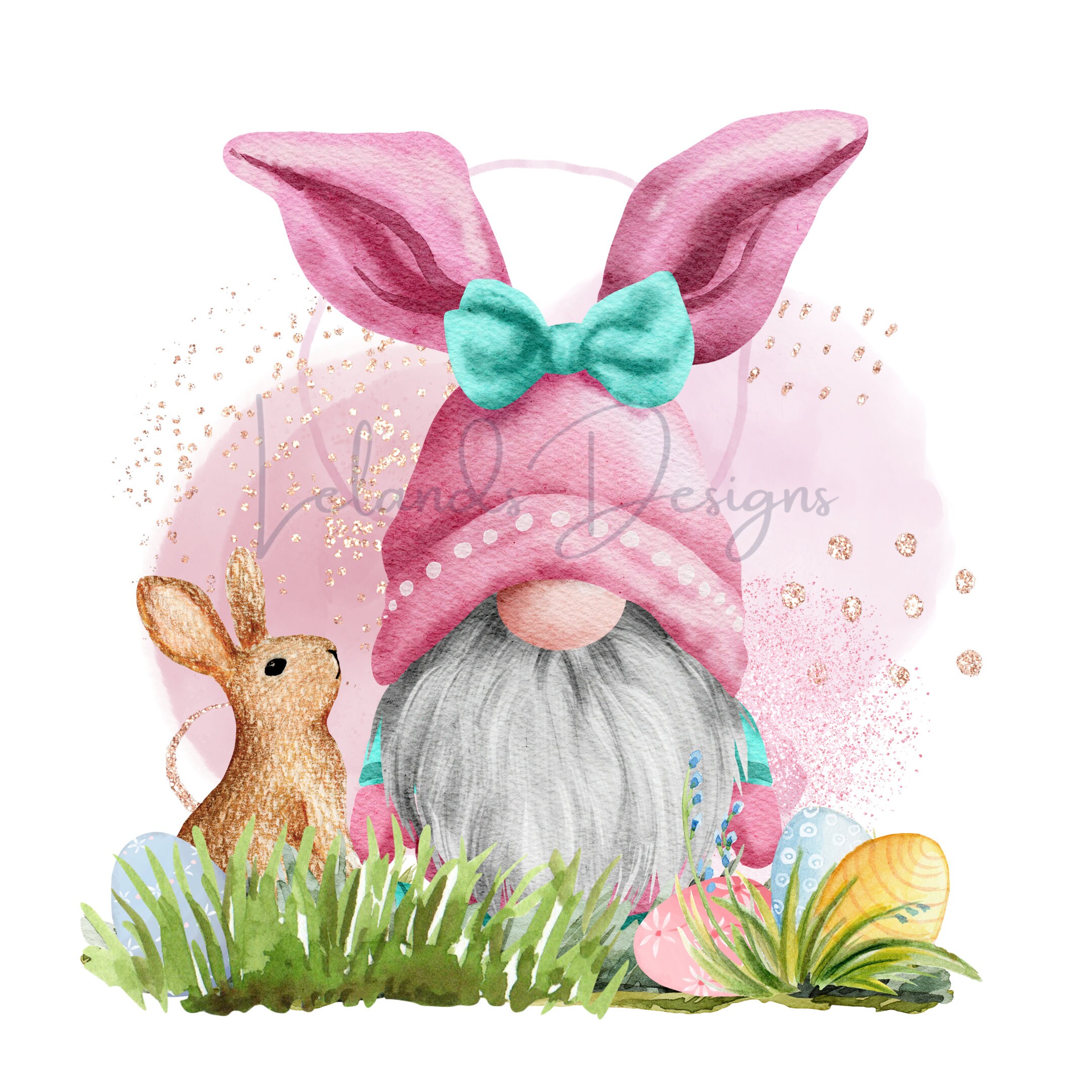 Pink Bunny Gnome PNG & SVG Watercolor Easter Gnome Art Gnome and Bunny ...
