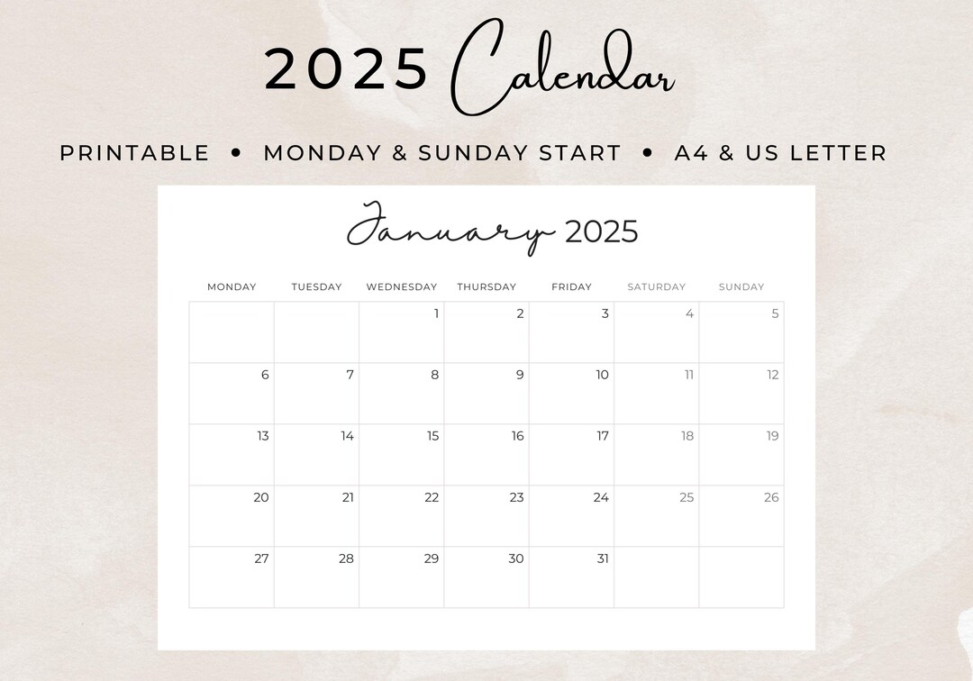 2025 Printable Monthly Calendar PDF - Minimalist Digital Download for ...