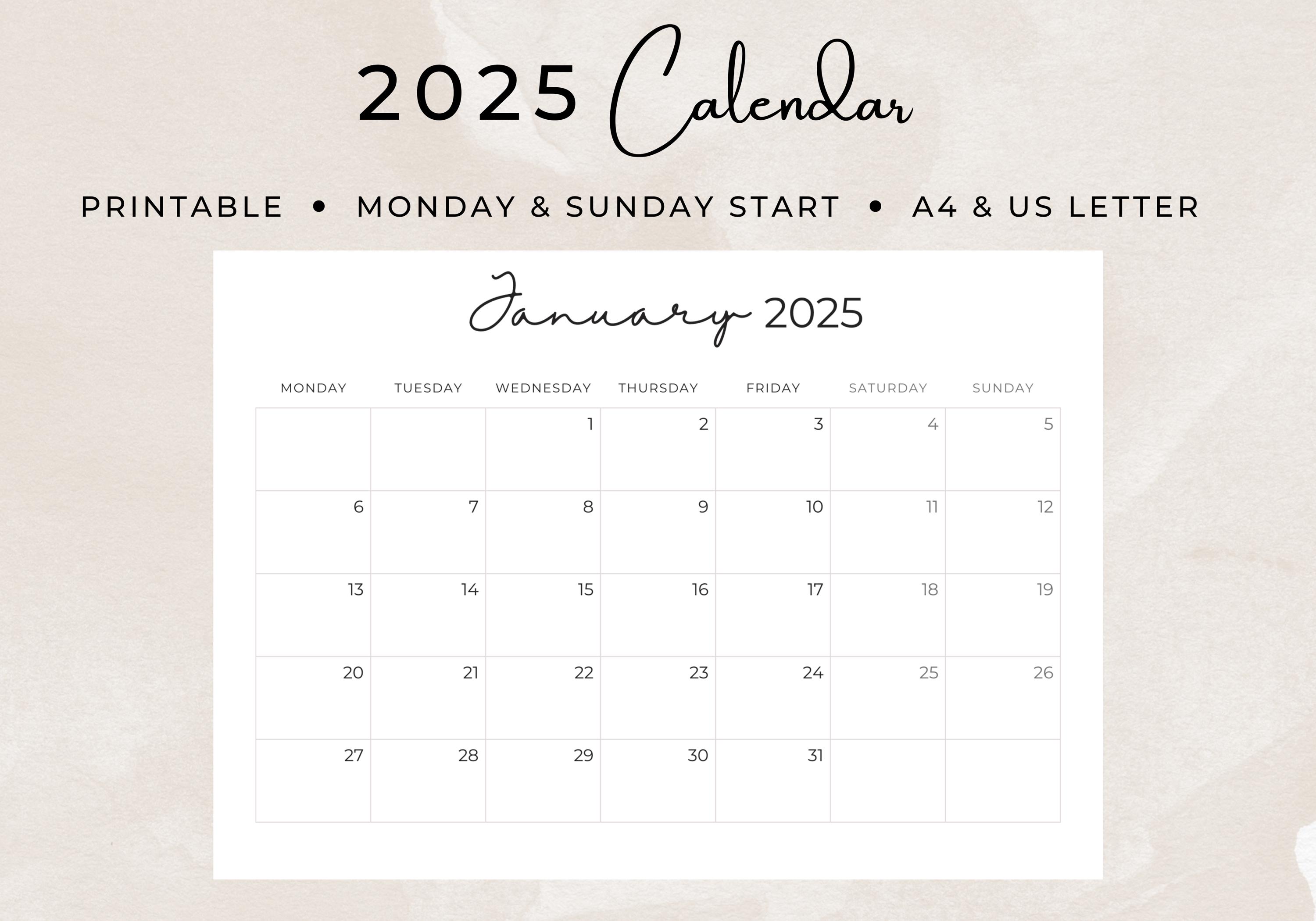 2025 Printable Monthly Calendar PDF - Minimalist Digital Download for ...