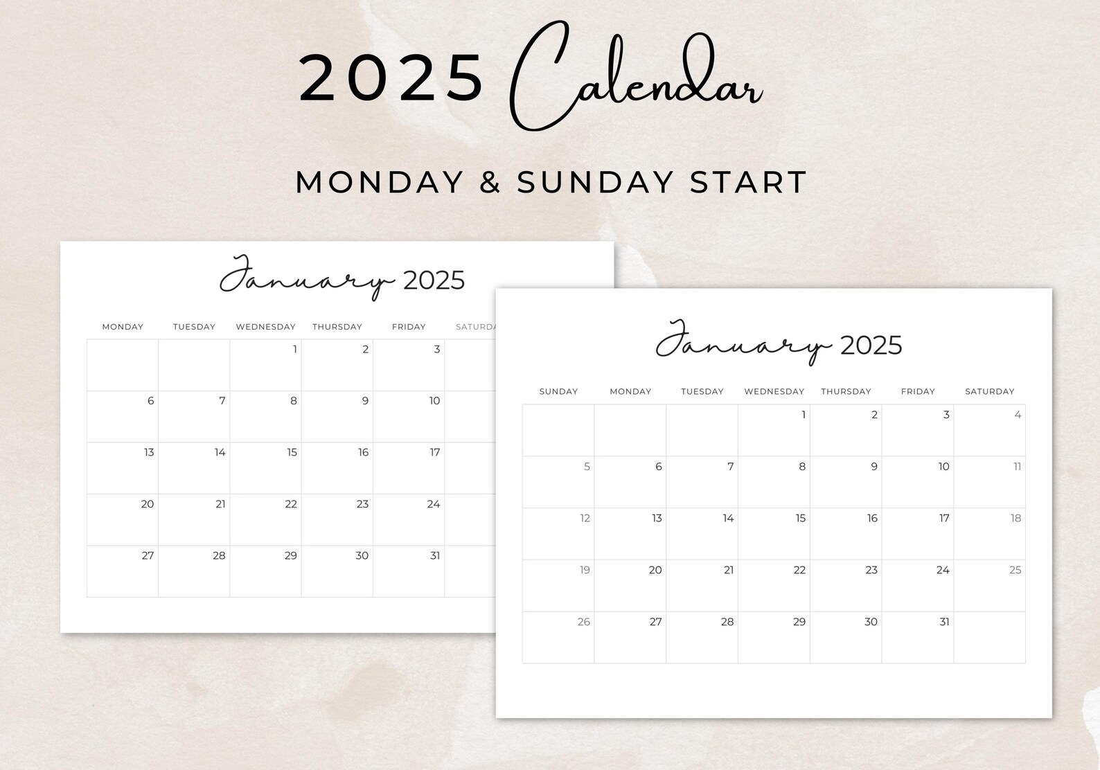 2025 Printable Monthly Calendar PDF - Minimalist Digital Download for ...