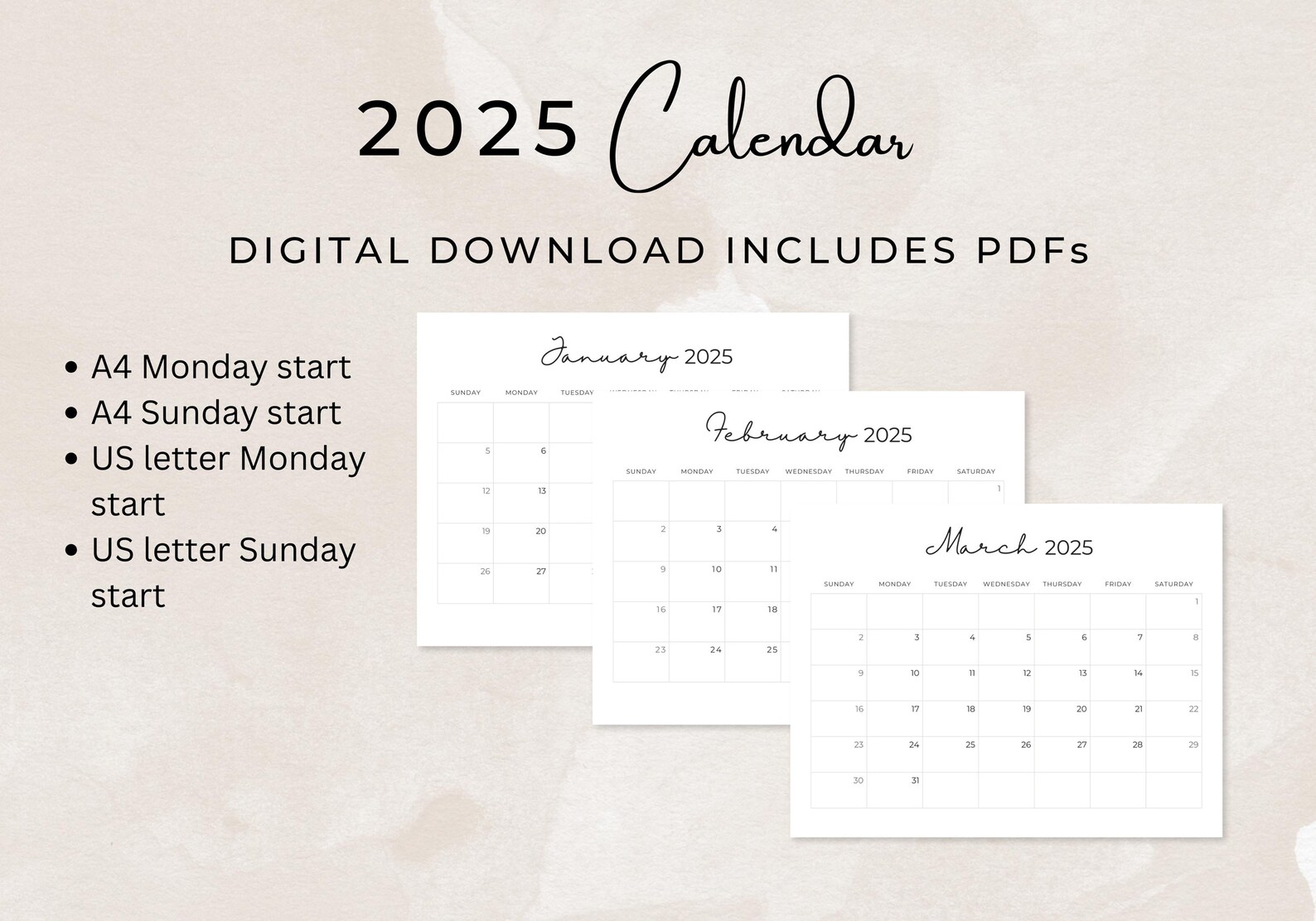 2025 Printable Monthly Calendar PDF - Minimalist Digital Download for ...