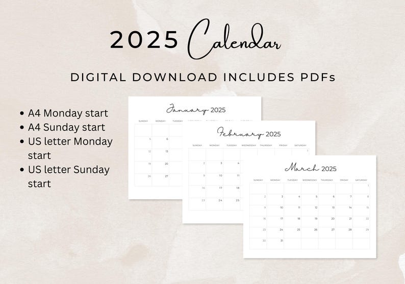 2025 Printable Monthly Calendar PDF Minimalist Digital Download for ...