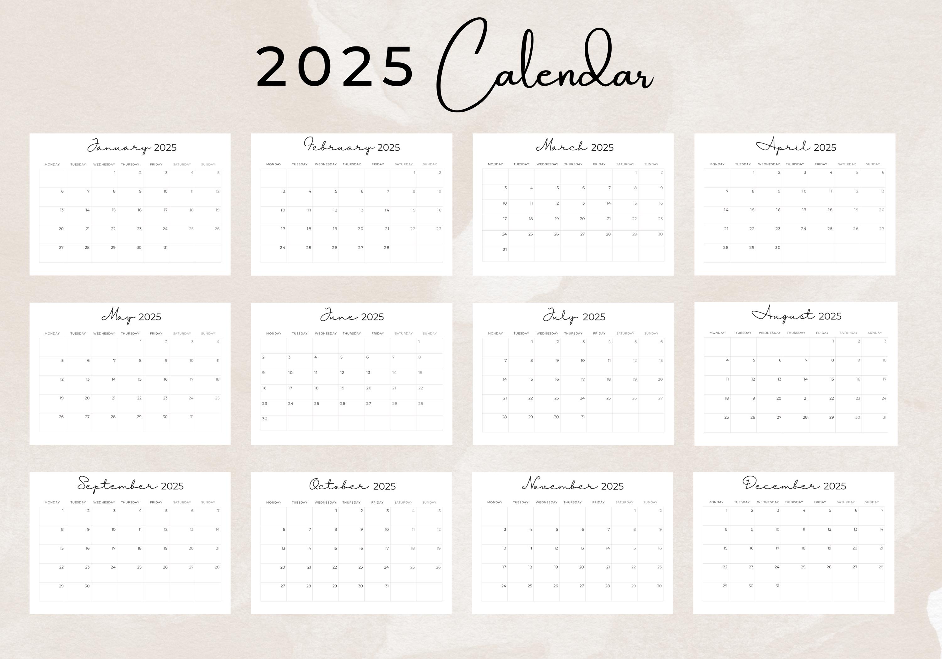 2025 Printable Monthly Calendar PDF - Minimalist Digital Download for ...