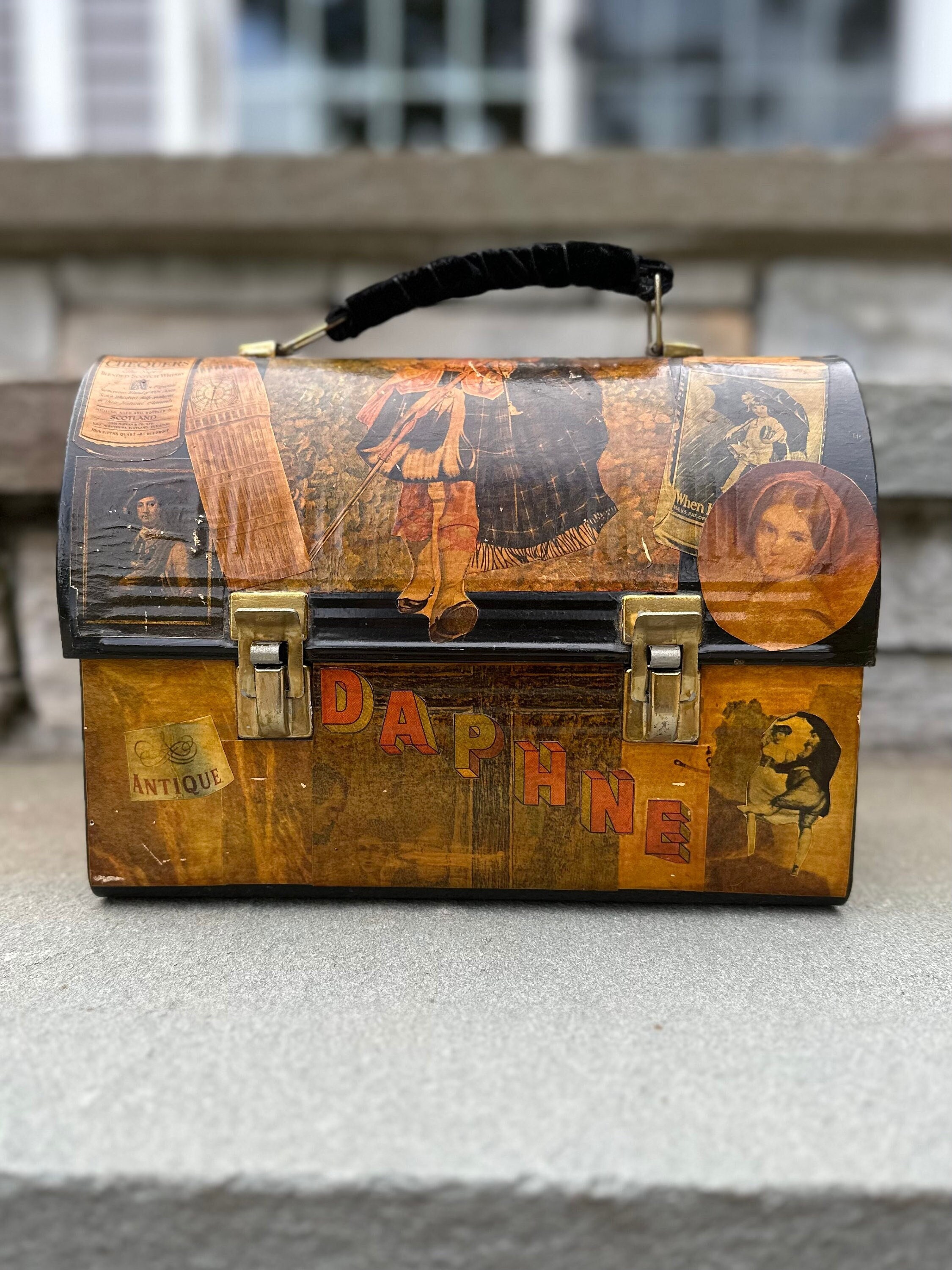 Vintage 1970s Decoupage Cut-outs Top Handle Metal Lunchbox With Yellow ...