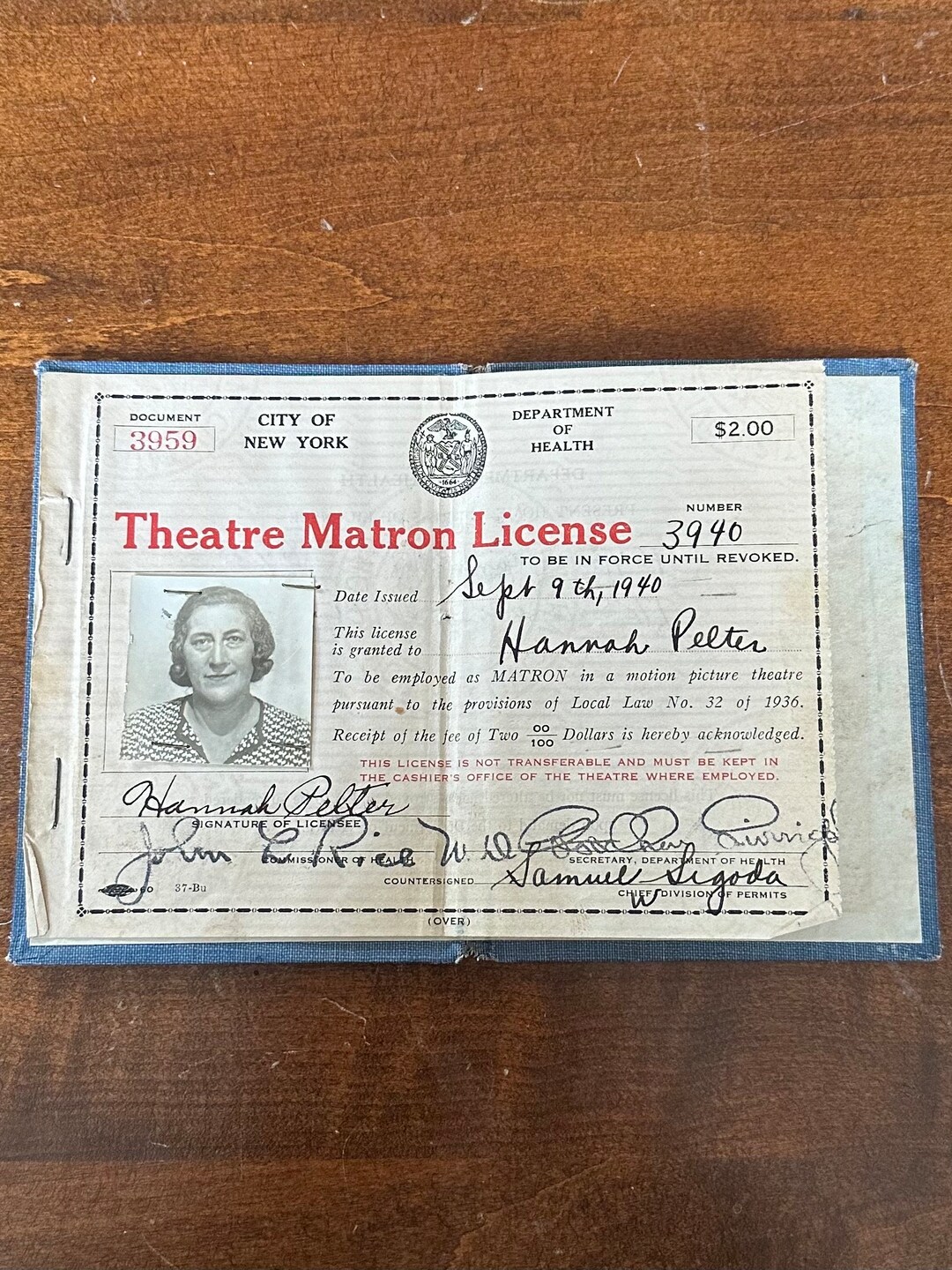 Vintage 1940s Theatre Matron License NYC Dept of Health Issued to ...