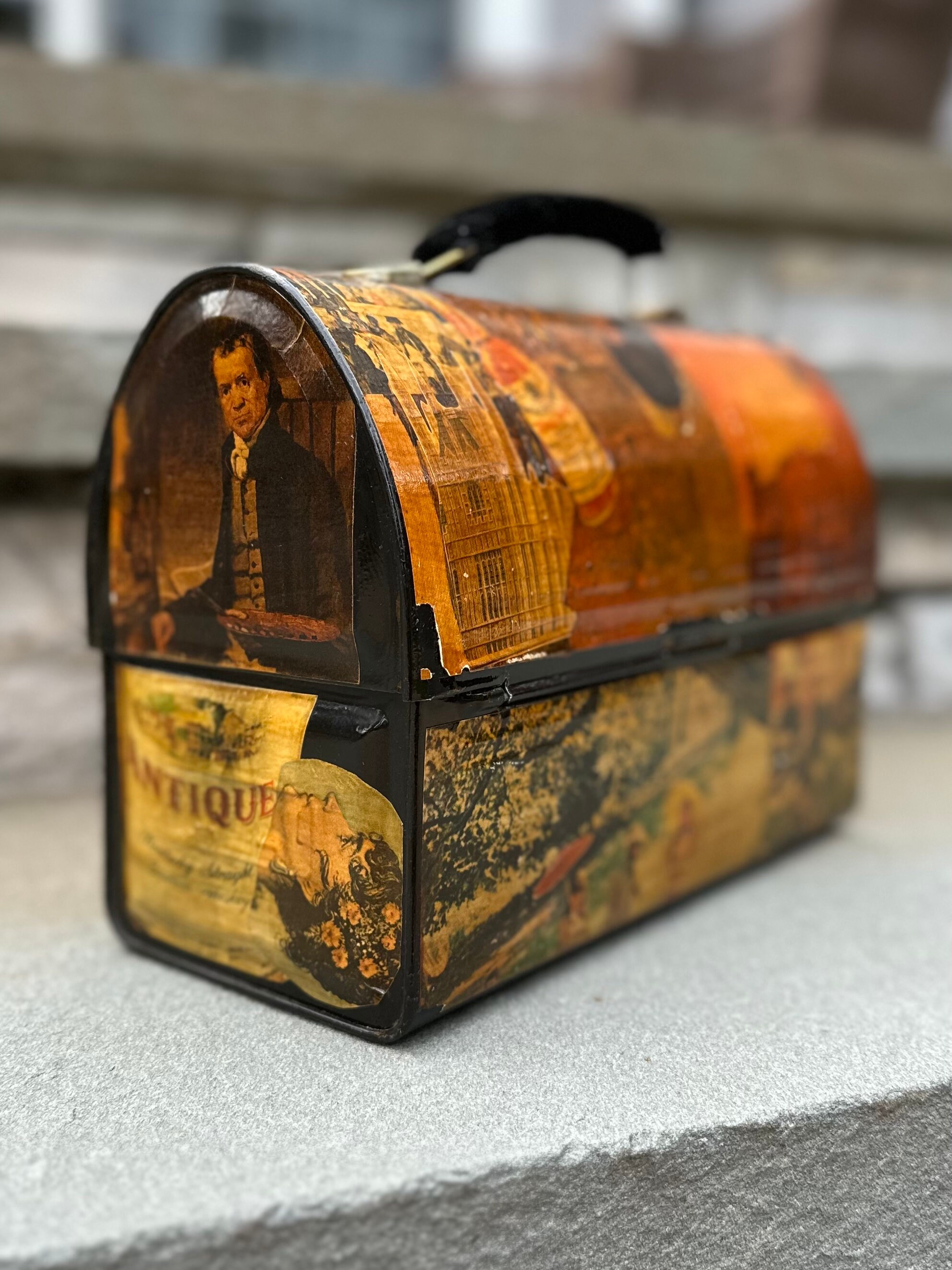 Vintage 1970s Decoupage Cut-outs Top Handle Metal Lunchbox With Yellow ...