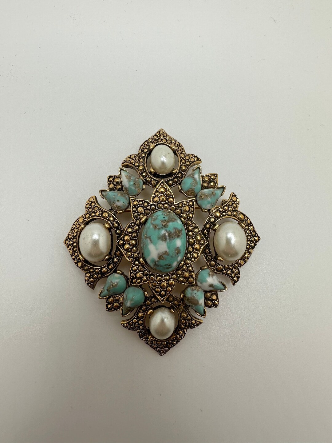 Vintage Signed Sarah Coventry 'remembrance' Brooch or Pendant With Faux Pearls and Turquoise ...