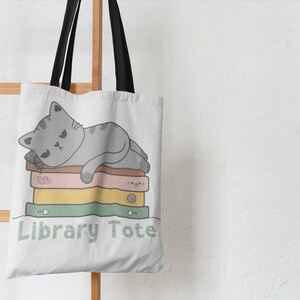 Kawaii Cat Library Tote Bag/ Cats & Books/ School Book Bag/ Cat Mom Bag ...