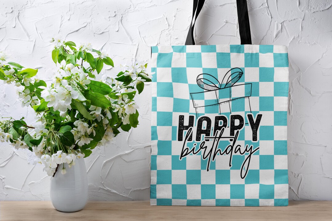 Checkered Teal Happy Birthday Tote Bag, Happy Birthday Gift Bag, Bday ...