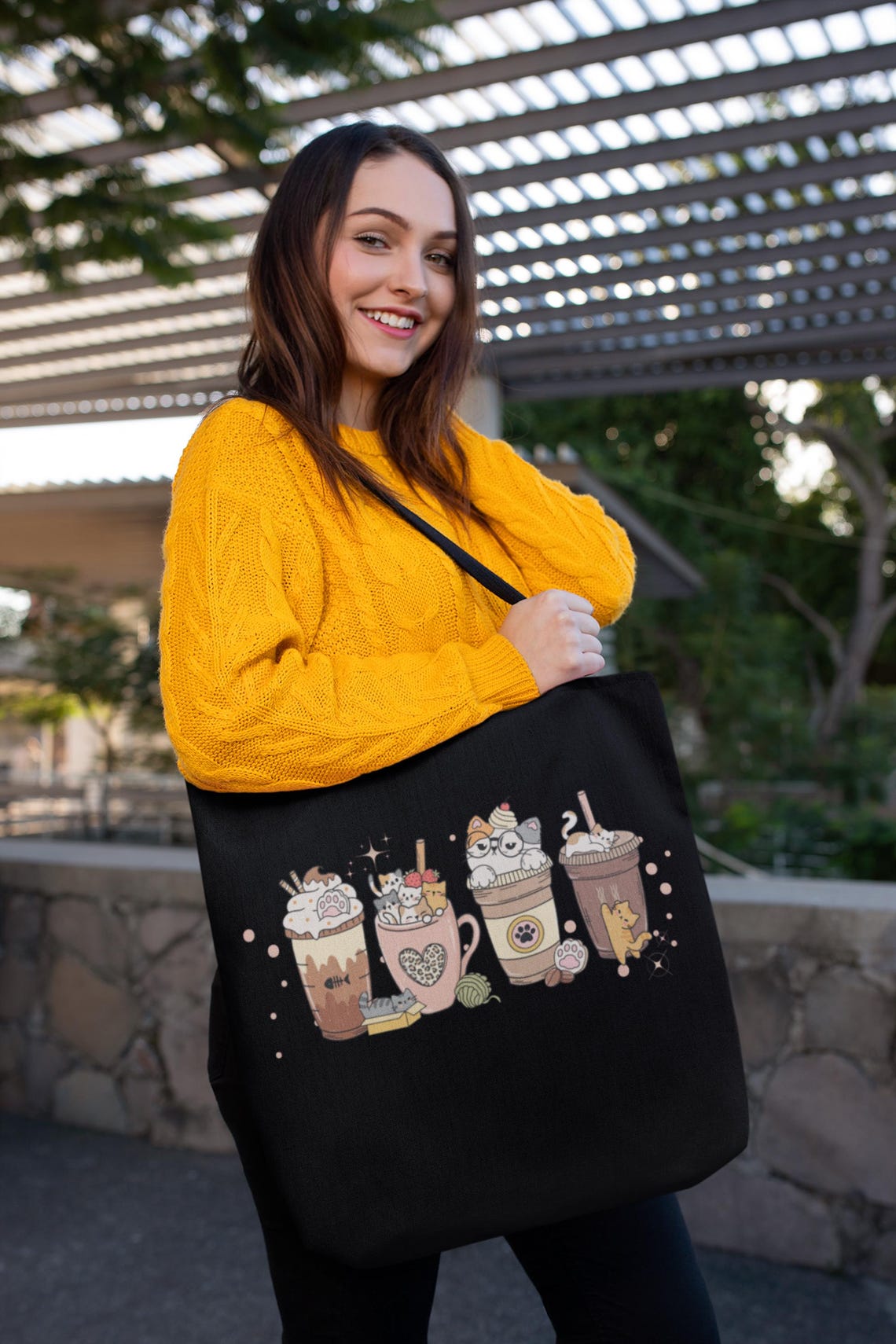 Cat Mom Tote Bag, Fall Aesthetic Reusable Market Bag, Coffee Lover Gift ...