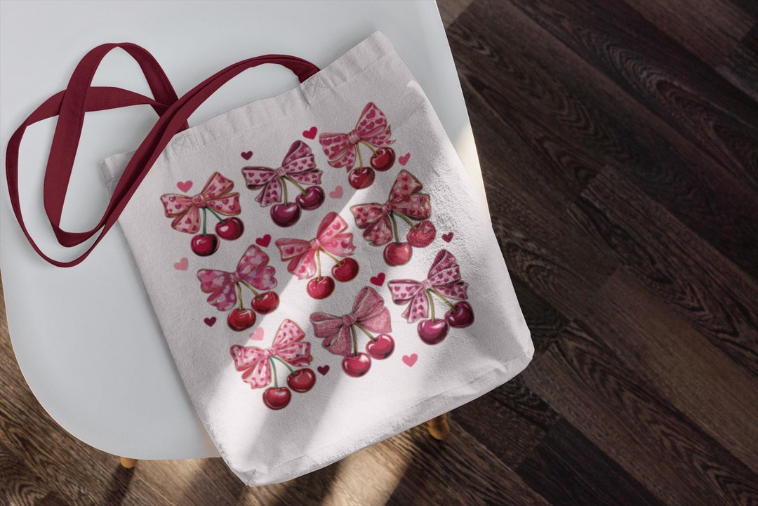 Cherry Grid Tote Bag Bow & Cherries Valentines Day Gift Cute Galentines ...