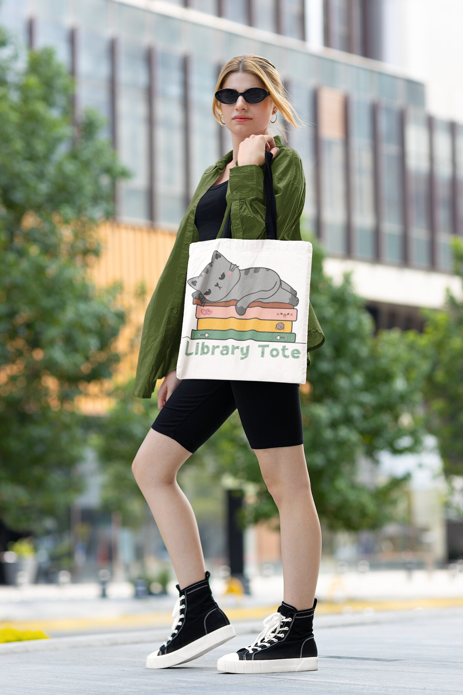 Kawaii Cat Library Tote Bag/ Cats & Books/ School Book Bag/ Cat Mom Bag ...