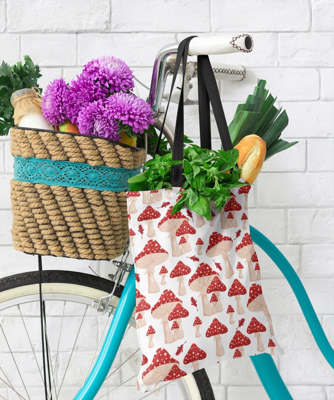 Cottagecore Mushroom Market Tote Bag Reusable Red & White Vintage Style ...