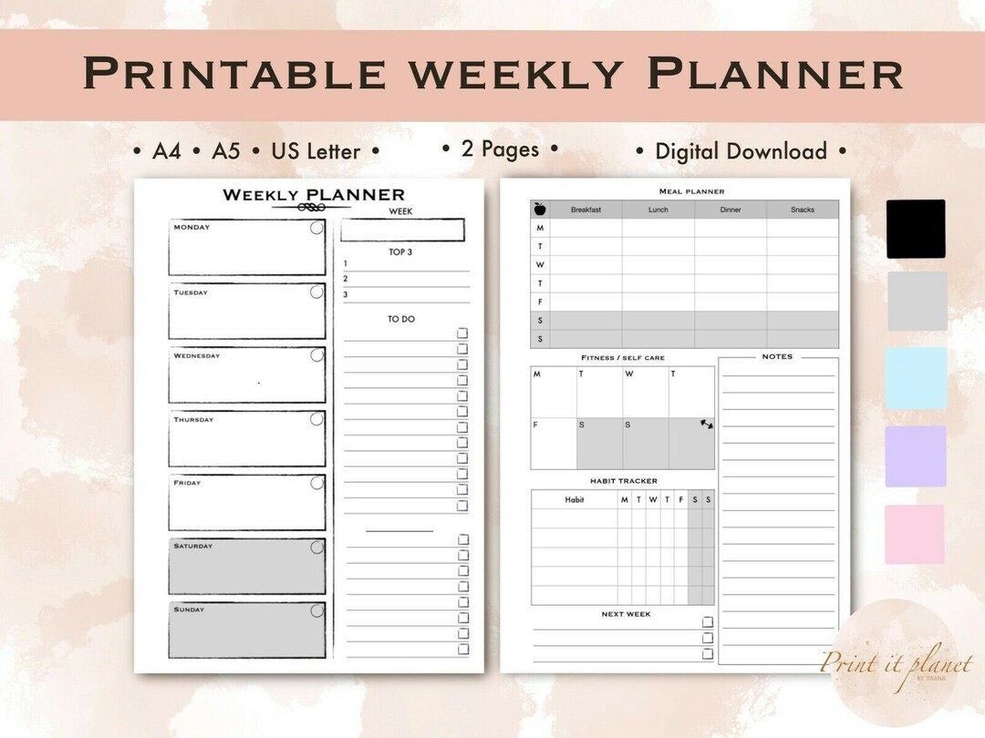 Printable Digital Weekly Planner Instant Download Planner Insert - Etsy
