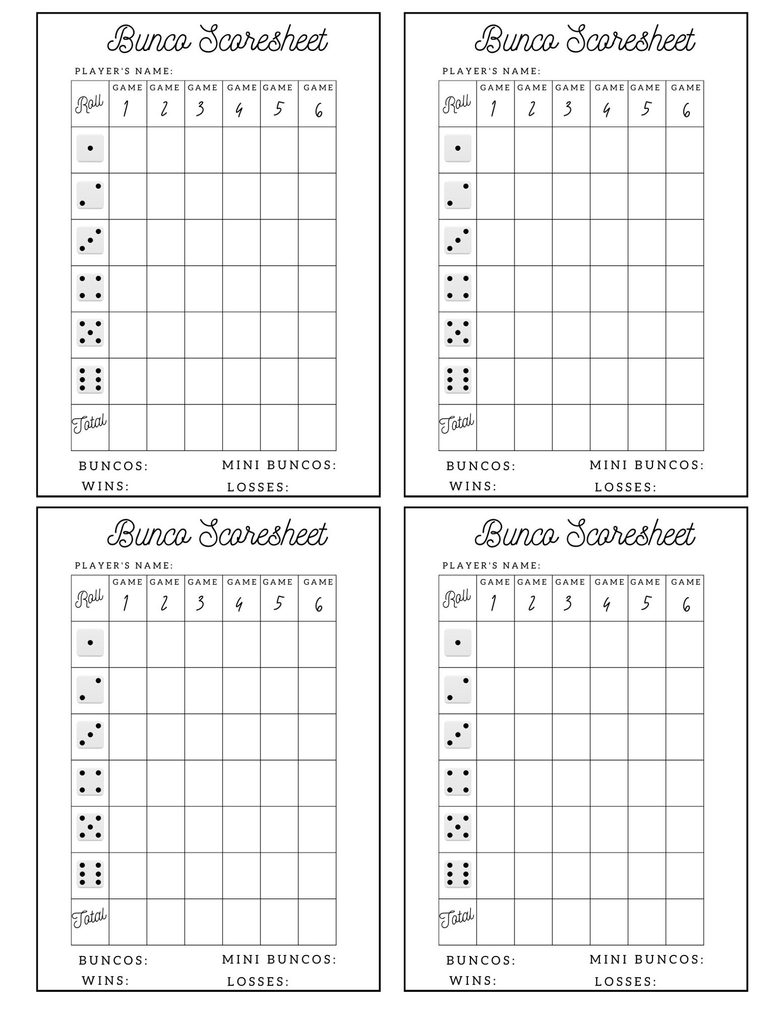 Bunco Score Sheets, Bunco Score Card, Bunco Score Sheets X 4, Bunco ...