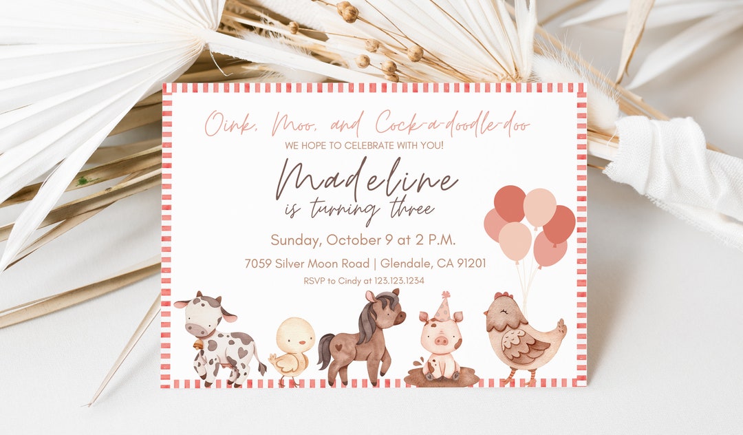Editable Farm Birthday Invitation for Girl, Farm Animals Birthday ...