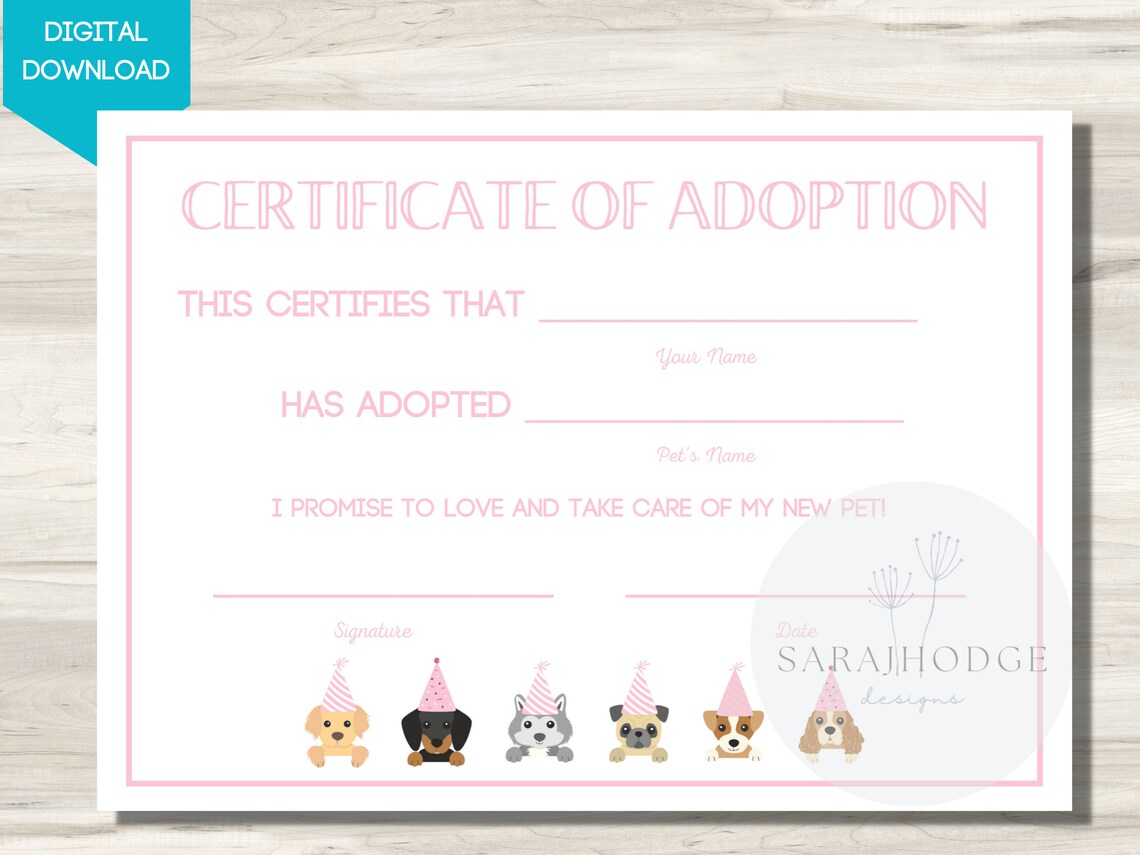Adopt a Puppy Sign, Puppy Adoption Certificate, Puppy Birthday, Dog ...