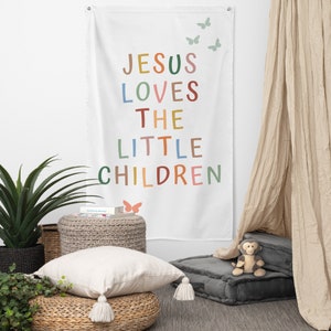 Jesus Loves the Little Children, Bible Verse Tapestry, Scripture Banner ...