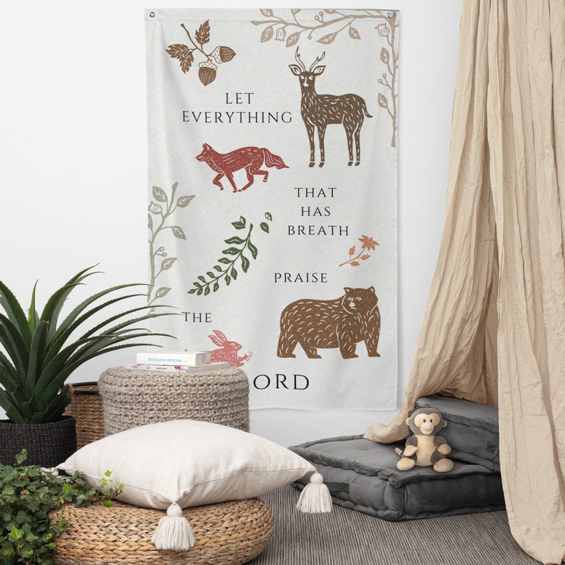 Christian Bible Verse Tapestry, Scripture Woodland Tapestry, Christian ...