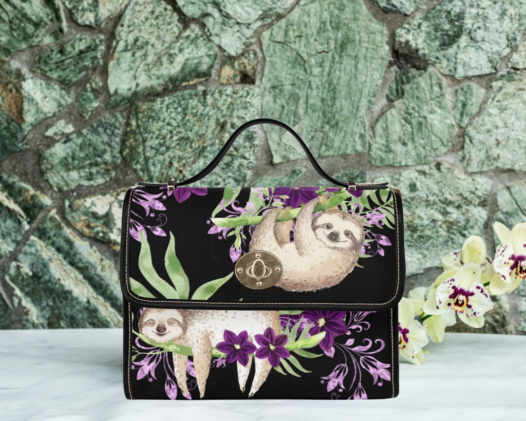 Crossed Body Canvas Satchel for Women Purple Floral Sloth Tropical ...