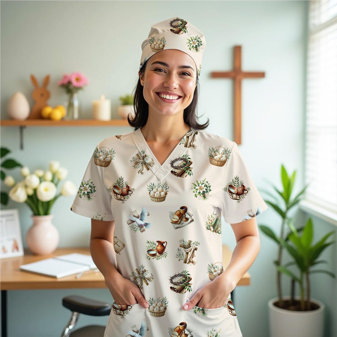 Rustic Christian OB Nurse Scrub Top & Cap Set | Cross and Crown of ...