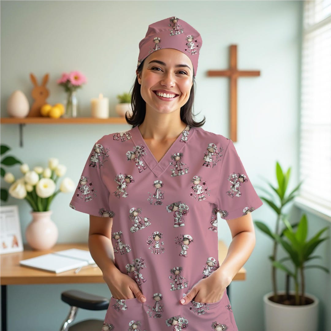 Spring Easter Nurse Girl Scrub Shirt & Cap | Cute Pediatric Nurse ...