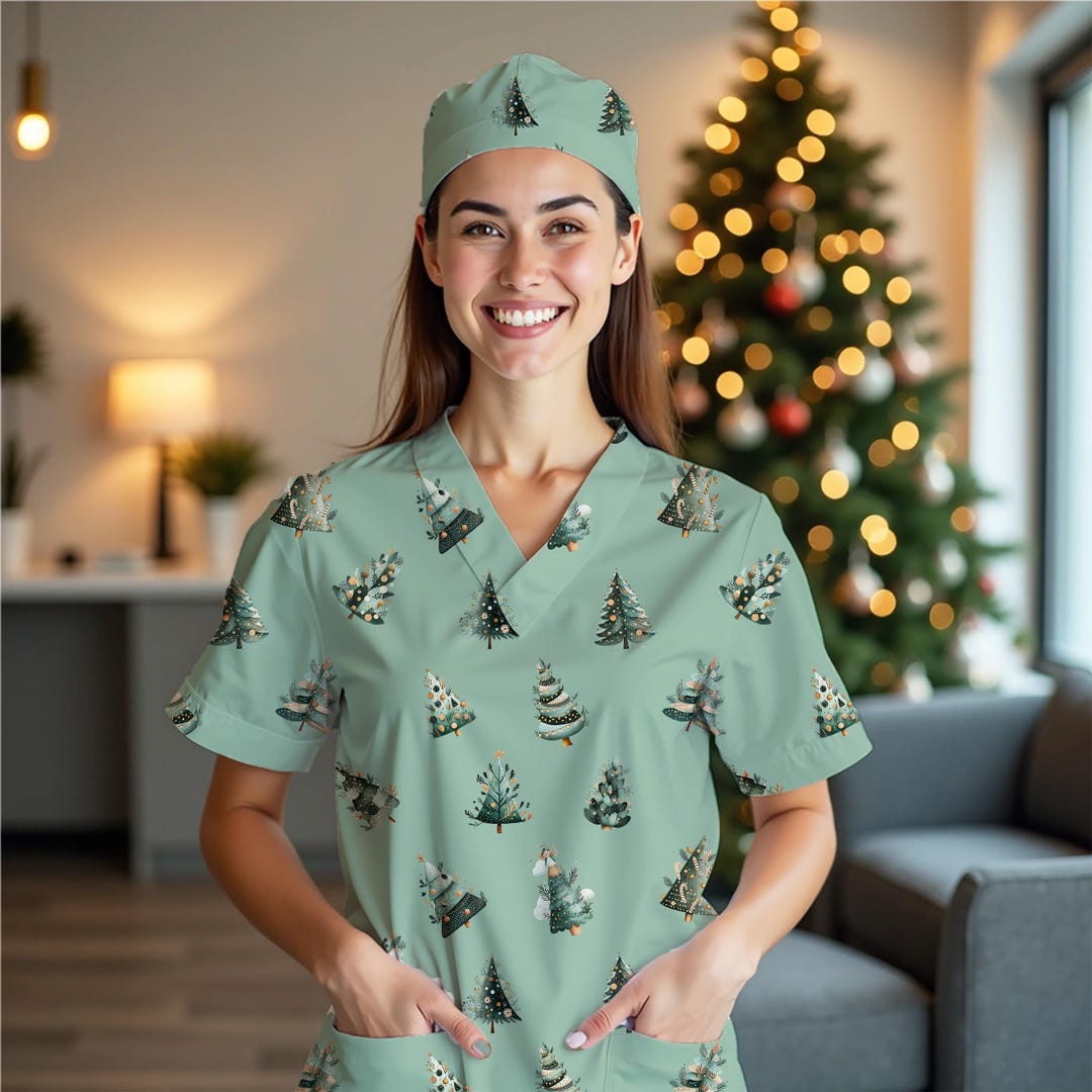Christmas Tree Nurse Scrub Top and Cap | Festive Holiday Medical Scrubs ...