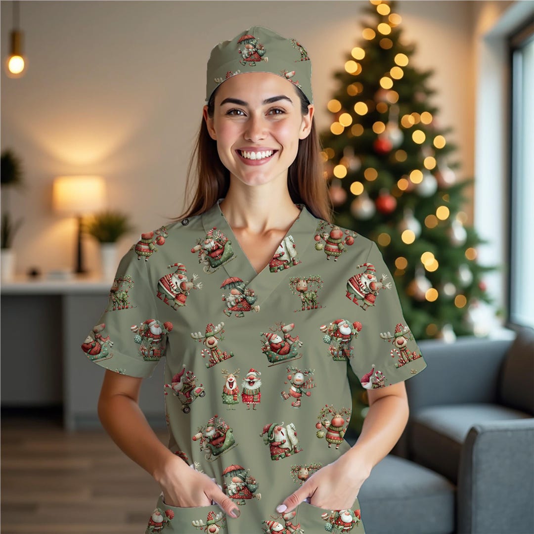 Santa and Reindeer Nurse Scrubs, Pediatric Nurse Scrubs, Christmas ...