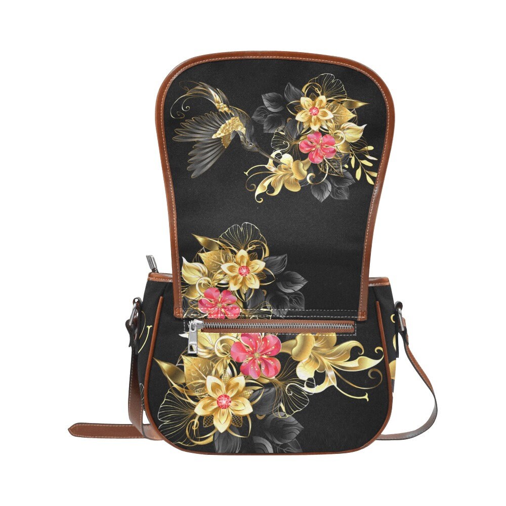 Black and Gold Hummingbird and Flower Crossbody Saddle Bag Women's ...