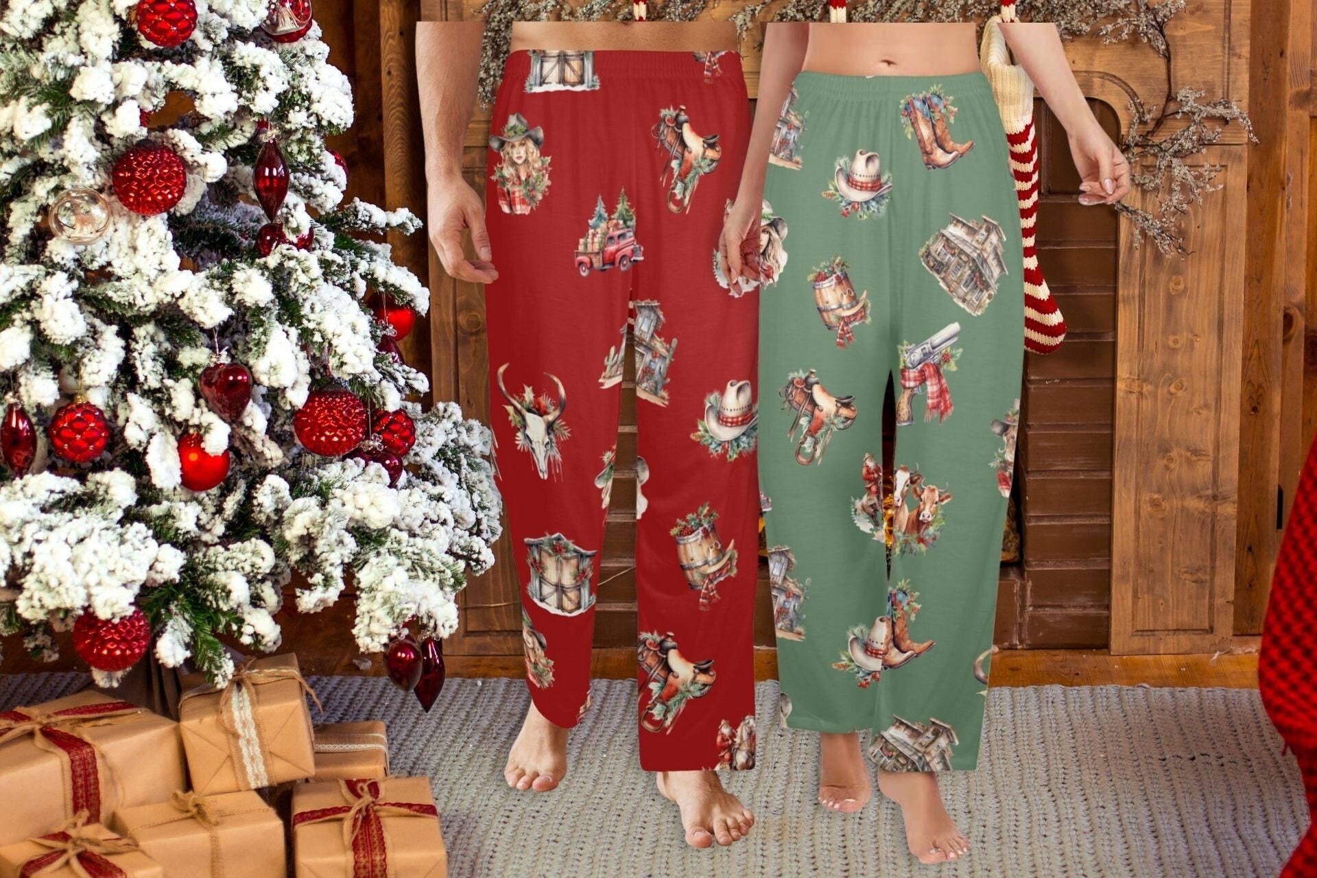 Western Christmas Couple Pajama Pants His and Hers Matching Winter ...