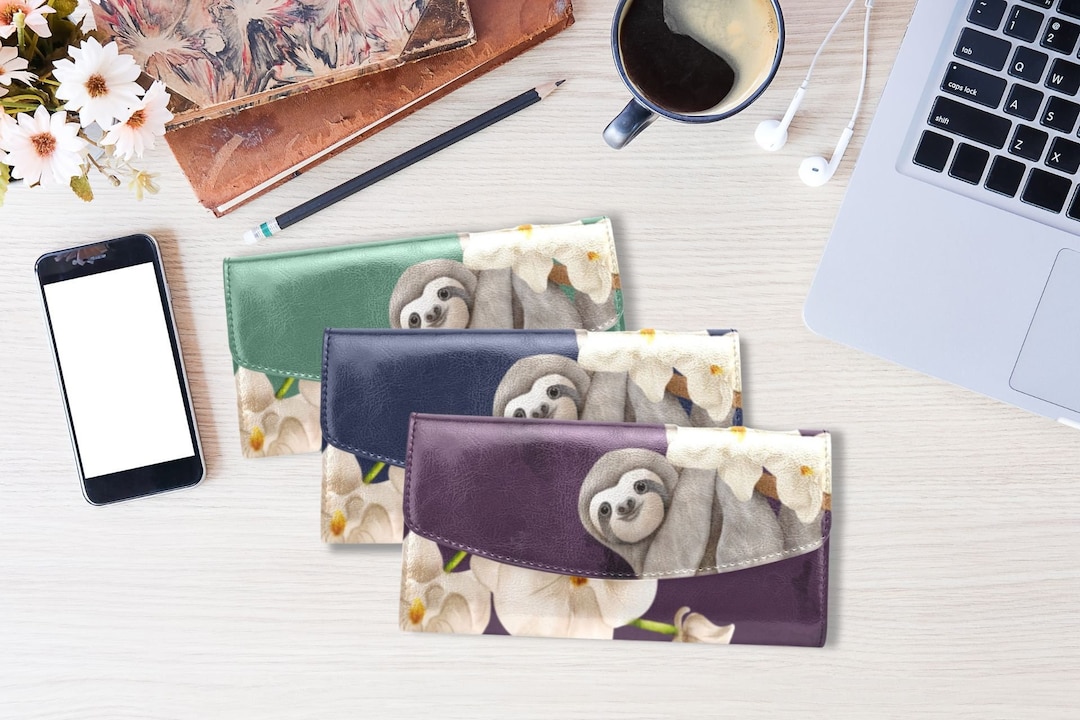 Cute Floral Sloth Orchid Women's Long Wallet Cute Vegan Leather Eco ...