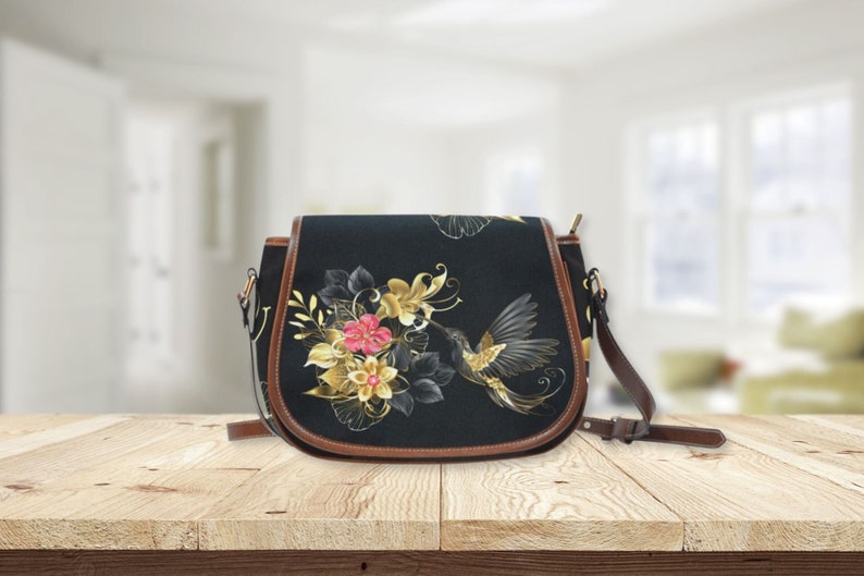 Black and Gold Hummingbird and Flower Crossbody Saddle Bag Women's ...
