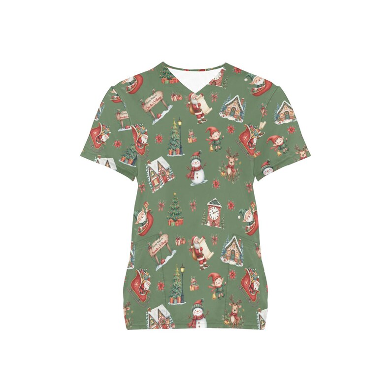 Santa's Village Nursing Scrub Top Christmas Scrub Cap: Holiday Scrubs ...
