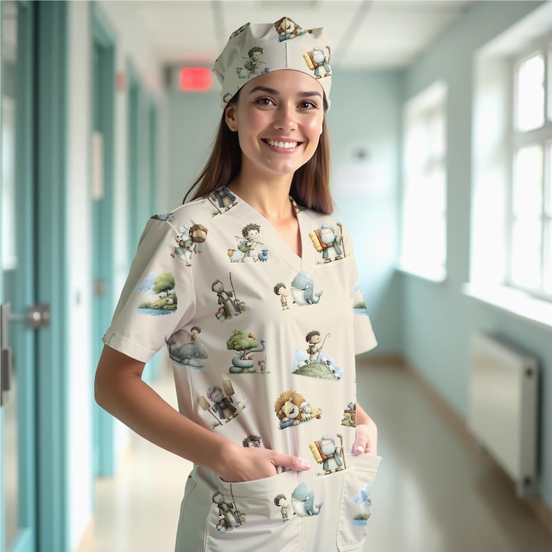 Christian Nurse Scrub Top: Bible Stories Design, Gift for Pediatric ...