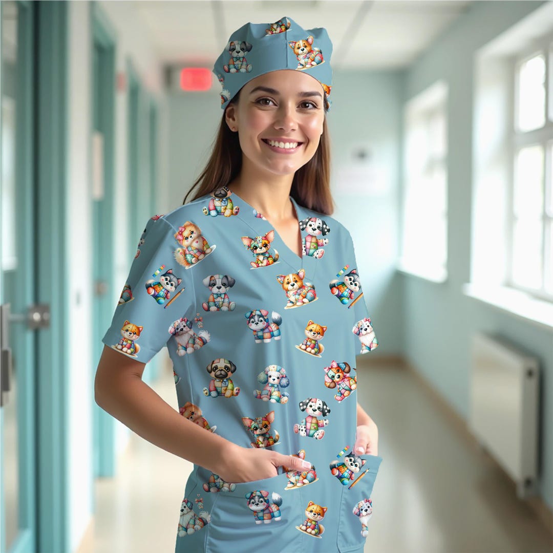 Patchwork Pups Pediatric Scrubs | Cute Puppy Nurse Scrub Top & Cap - Etsy
