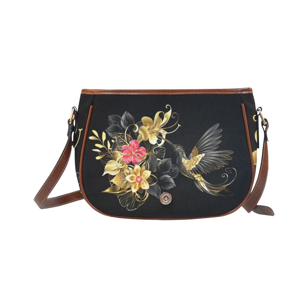 Black and Gold Hummingbird and Flower Crossbody Saddle Bag Women's ...