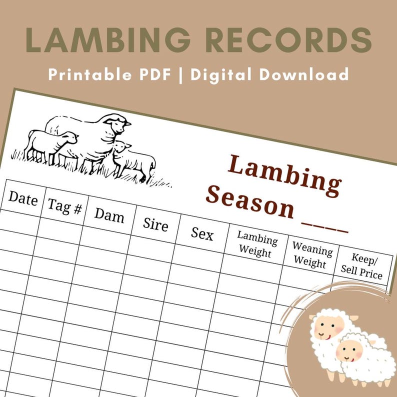 Lambing Season Tracker | Printable Record for Sheep Farmers | Instant ...