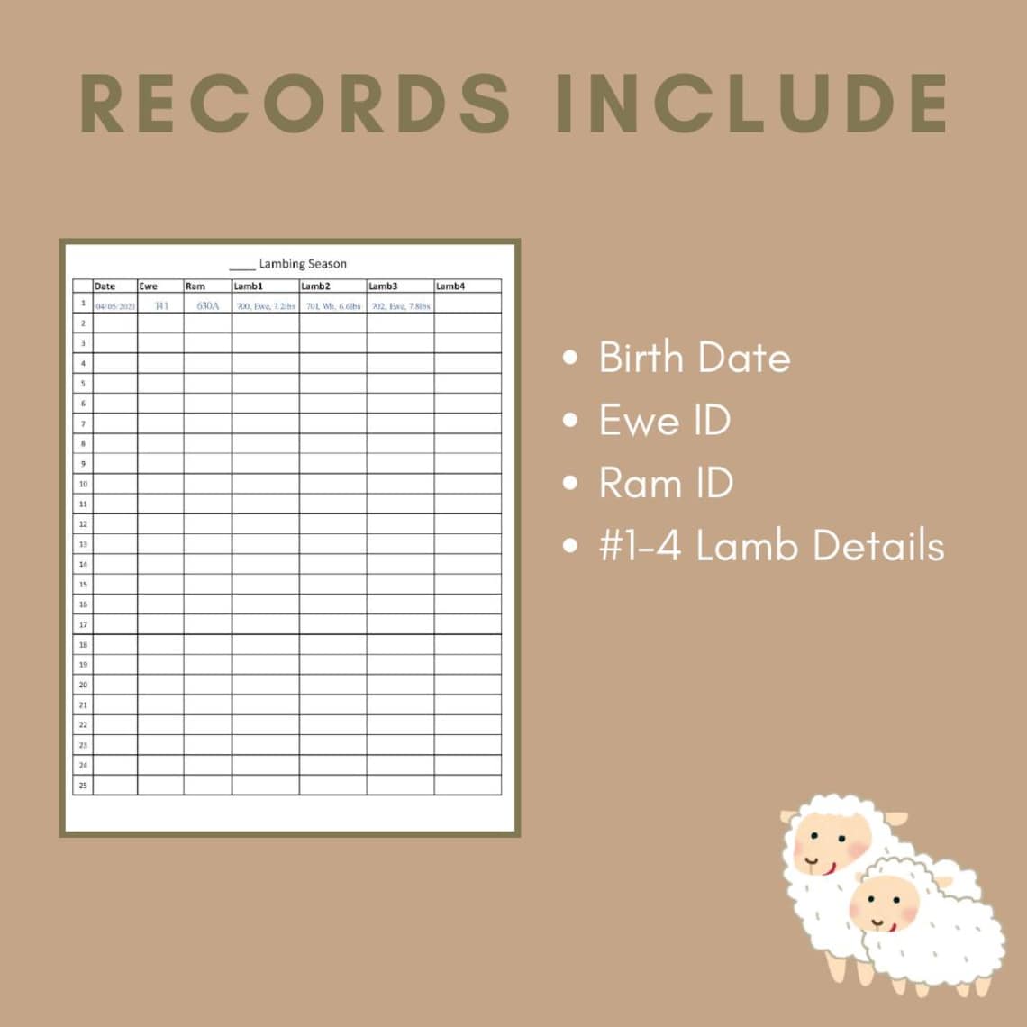 Printable Lambing Record Sheet | Digital Download for Tracking Multiple ...