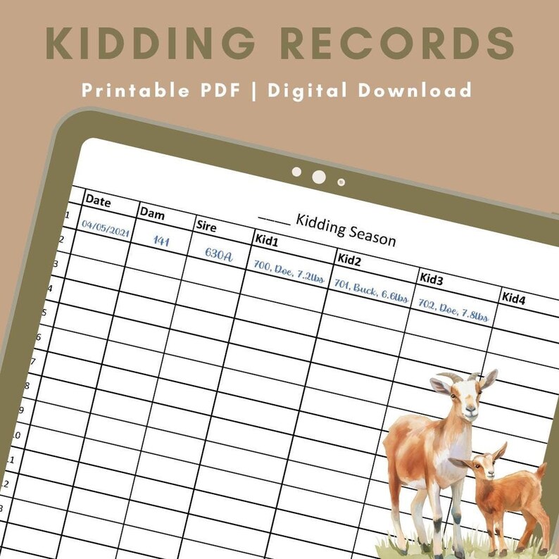 Kidding Record Sheet | Goat Birth Tracking Digital Download for Farmers ...